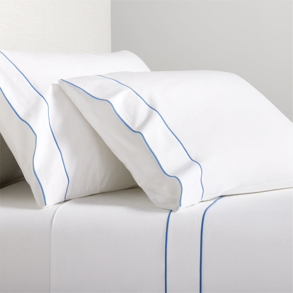 Blue Border Satin Stitch Percale Sheet Set - Hudson Grace